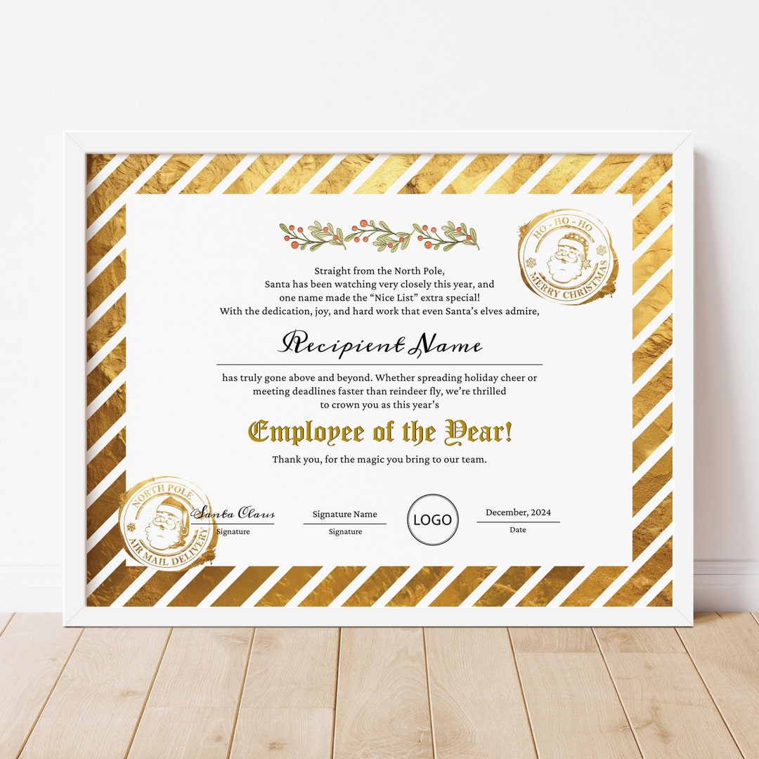 Editable Employee of the Year Certificate Template, Santa Claus Edition ...