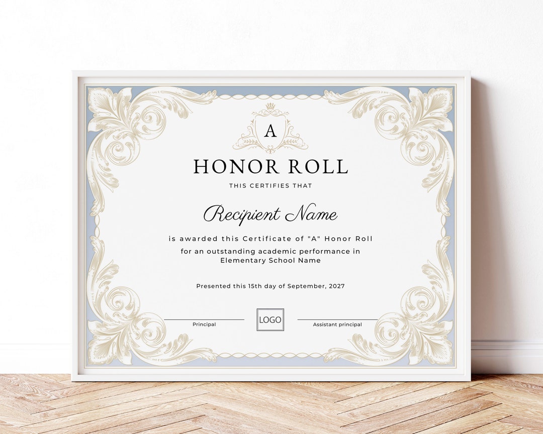 Editable Honor Roll Certificate Template, Elementary School Student ...
