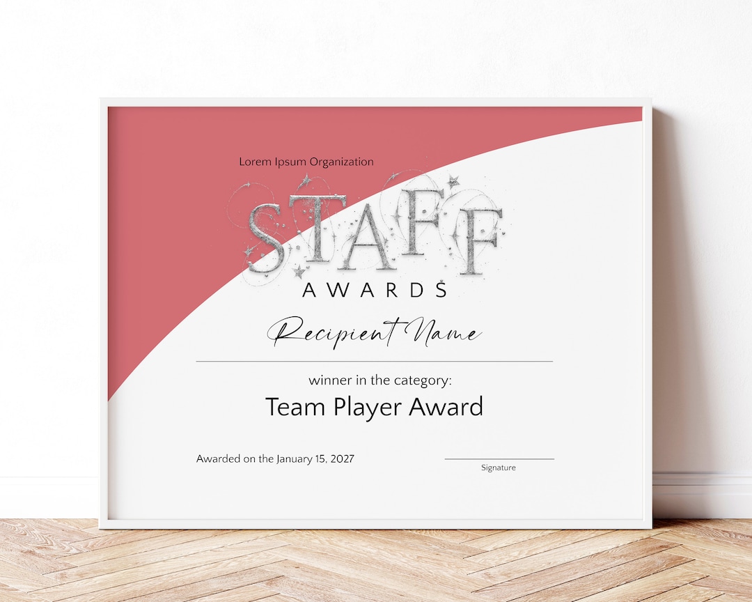 Team Player Award Certificate, Best Staff Awards, EDITABLE Staff Member ...