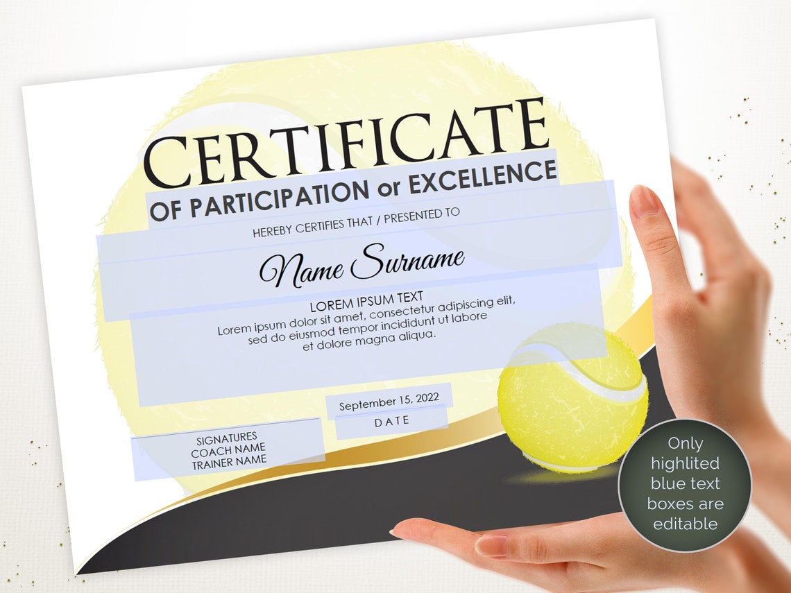 EDITABLE Tennis Certificate Template Sport Certificate Award | Etsy