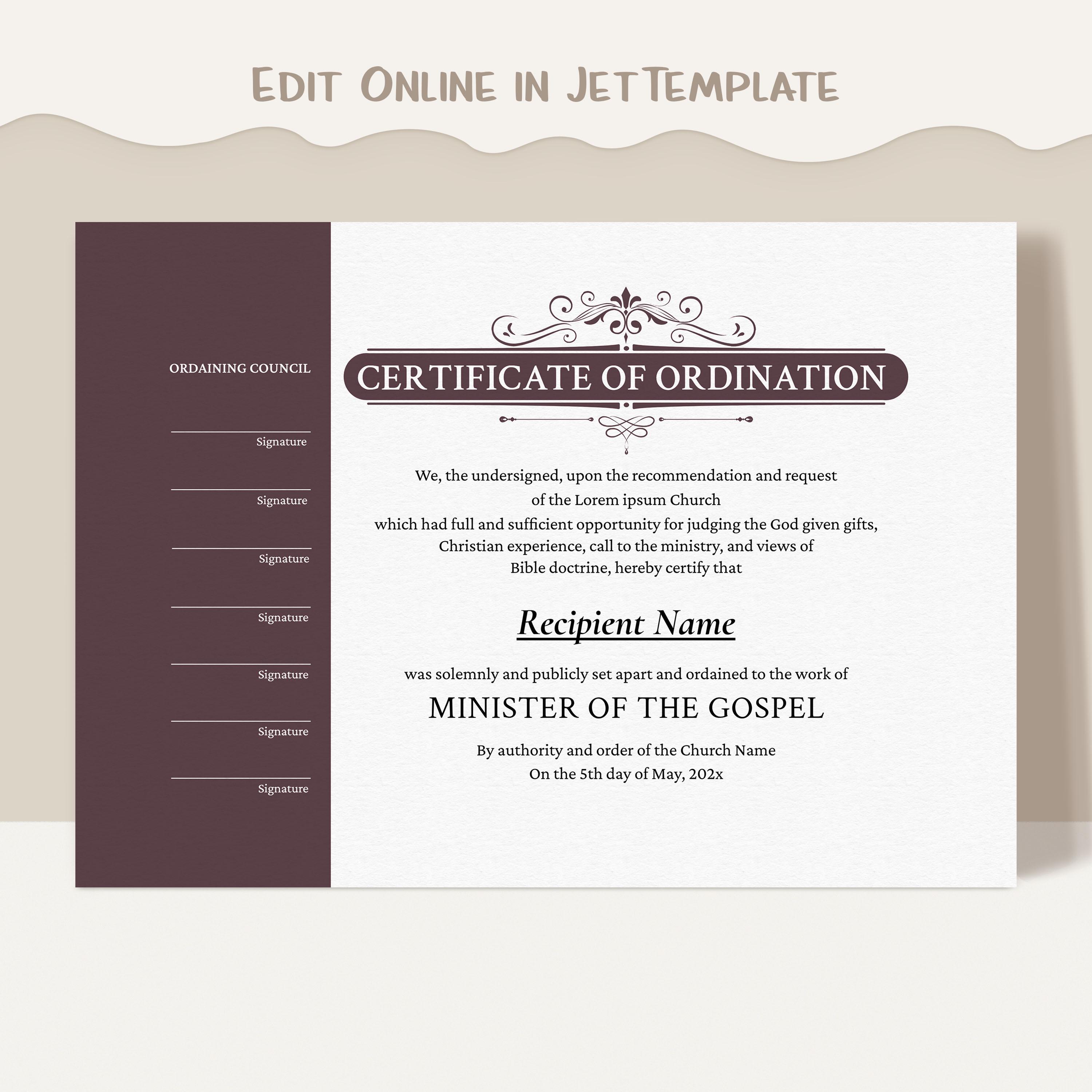 Editable Certificate of Ordination Minister of the Gospel, Minister ...