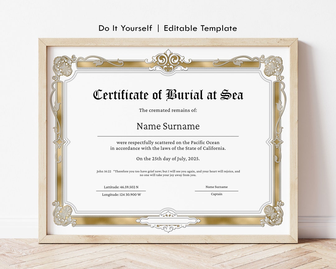 Certificate of Burial at Sea, Spreading Ashes at Sea, Sea Scattering ...