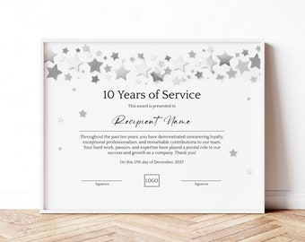 10 Years of Service Anniversary Award Certificate of Appreciation ...