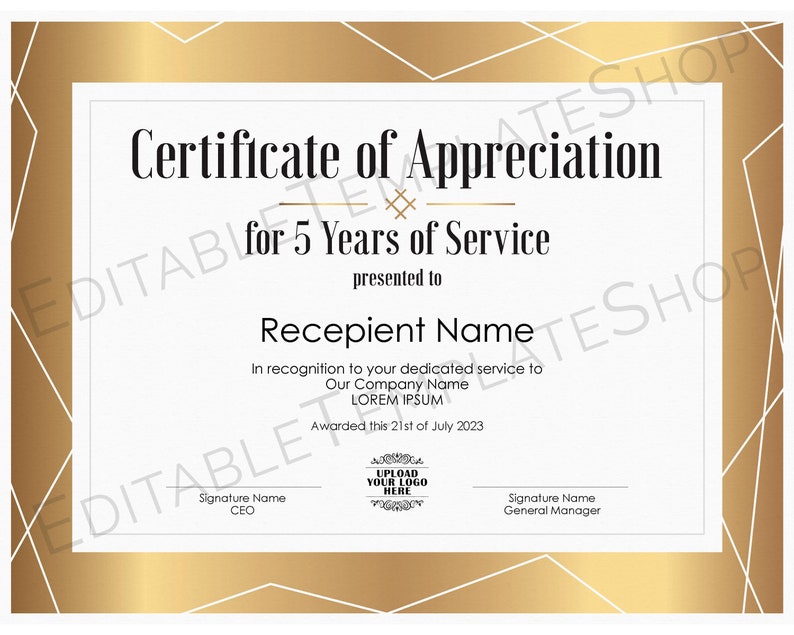 5 Years of Service EDITABLE Certificate of Appreciation | Etsy