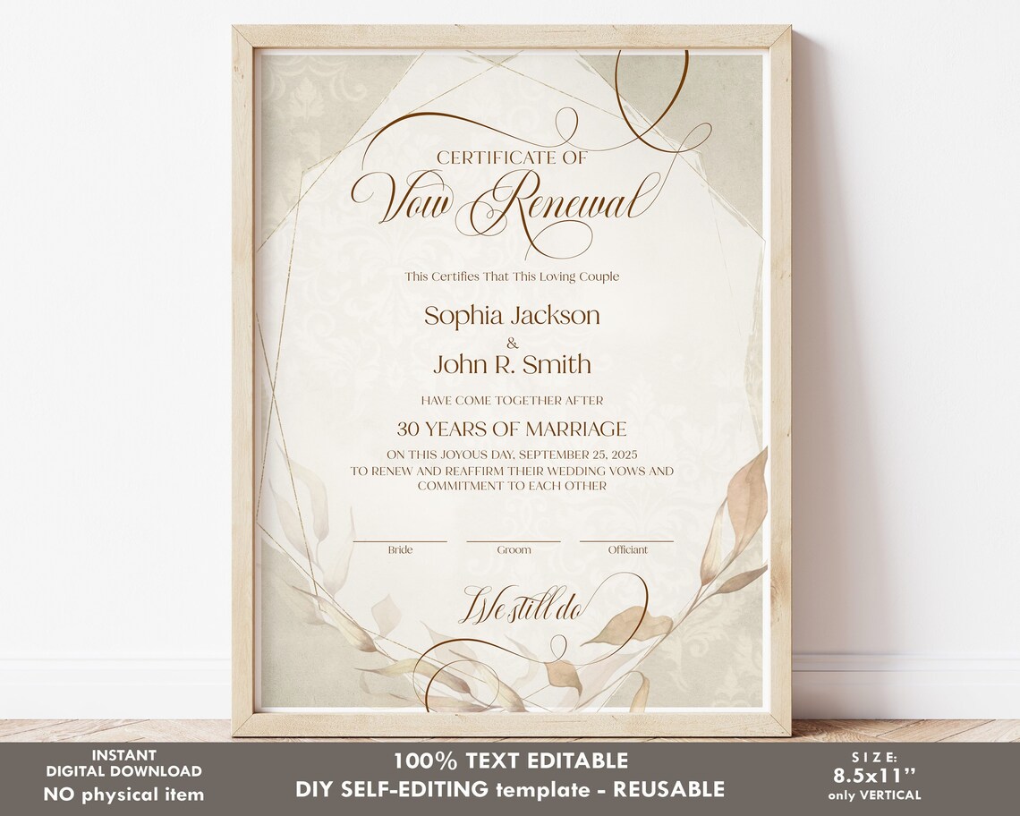 Vow Renewal Certificate Template Printable Editable Marriage - Etsy