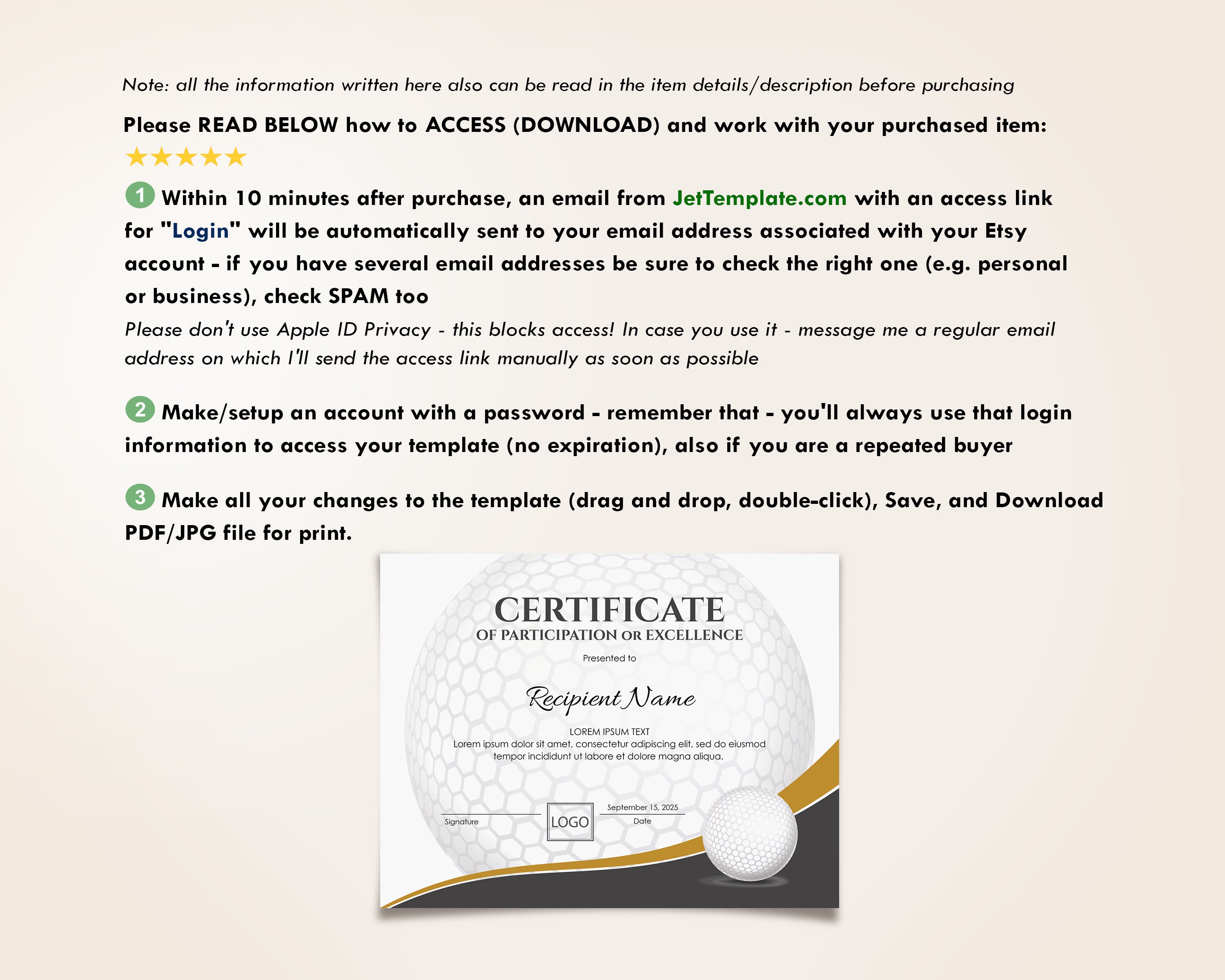 EDITABLE Golf Certificate Template Sports Certificate Award - Etsy
