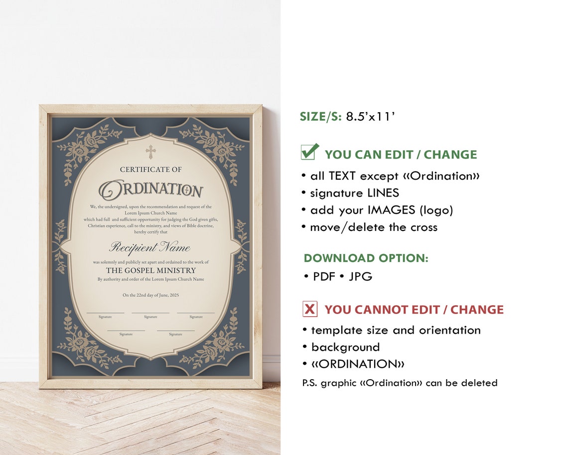 Editable Certificate of Ordination, Credential of Ministry, Vintage ...