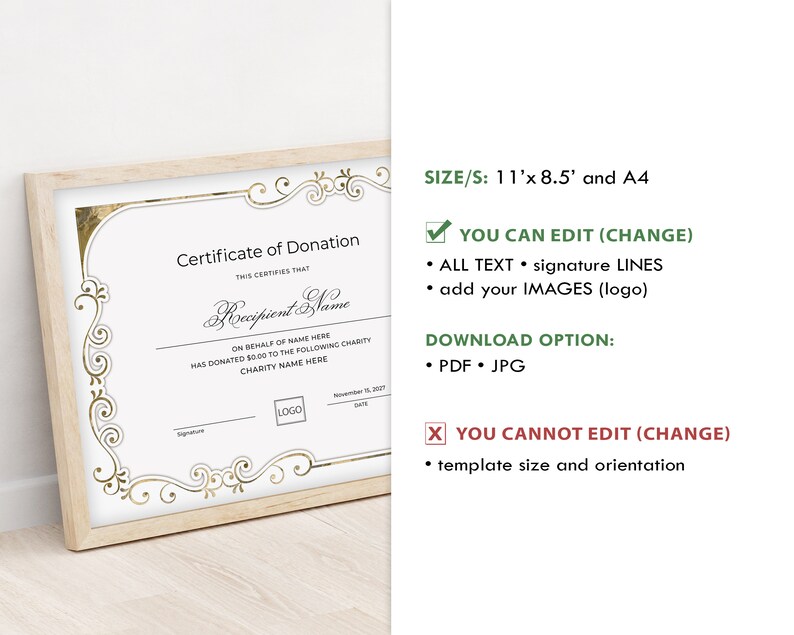 Editable Certificate of Donation Template, Printable Charity Donation ...