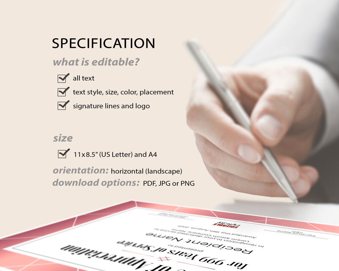 25 Years of Service EDITABLE Certificate of Appreciation - Etsy