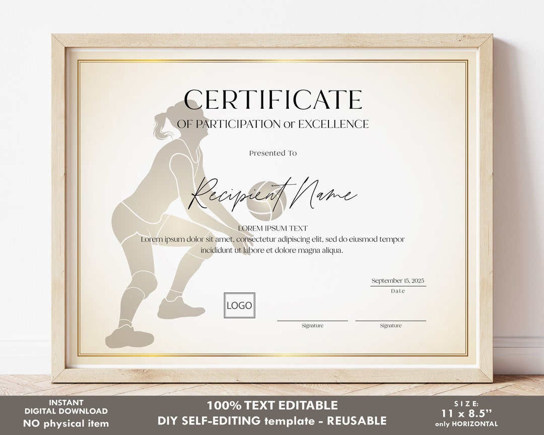 Woman's Volleyball Certificate Award Template, Sports Volleyball ...
