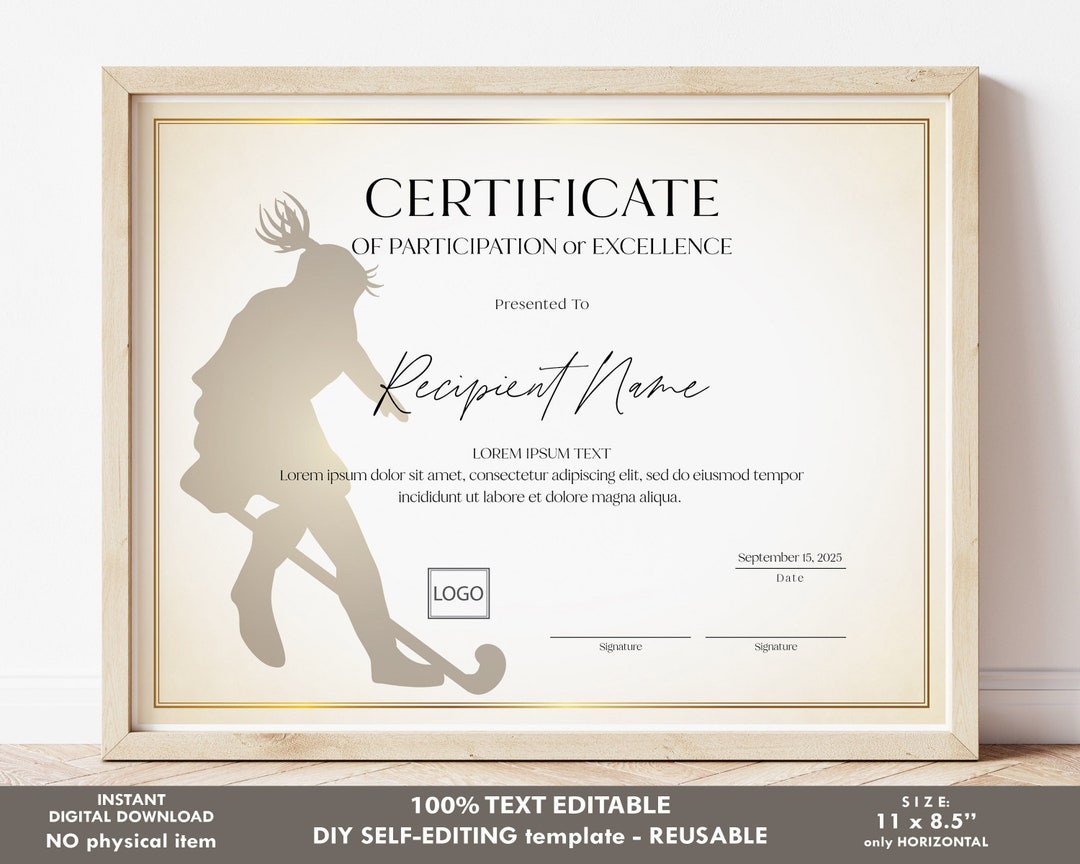 EDITABLE Women's Field Hockey Certificate Template, Sports Certificate ...