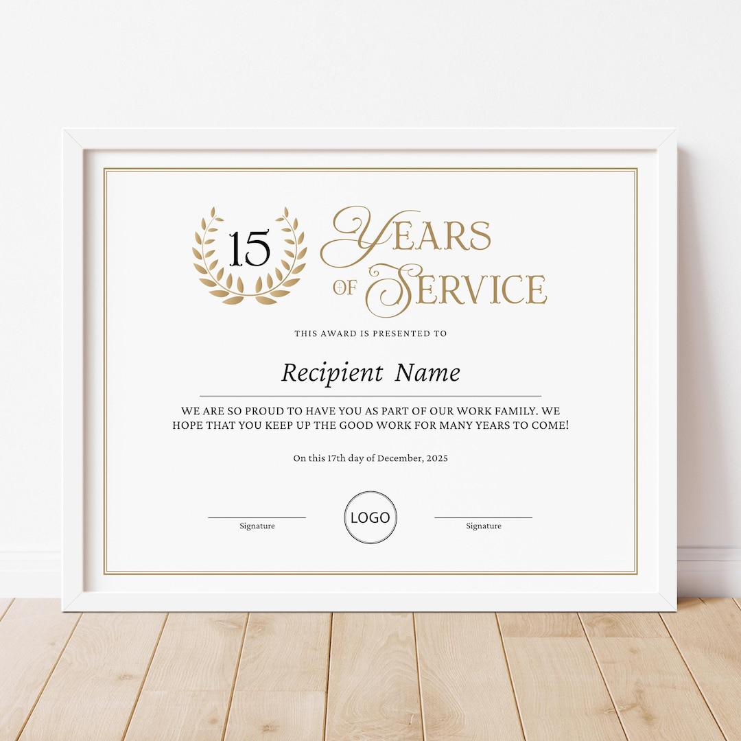 15 Years of Service Anniversary Award Certificate of Appreciation ...