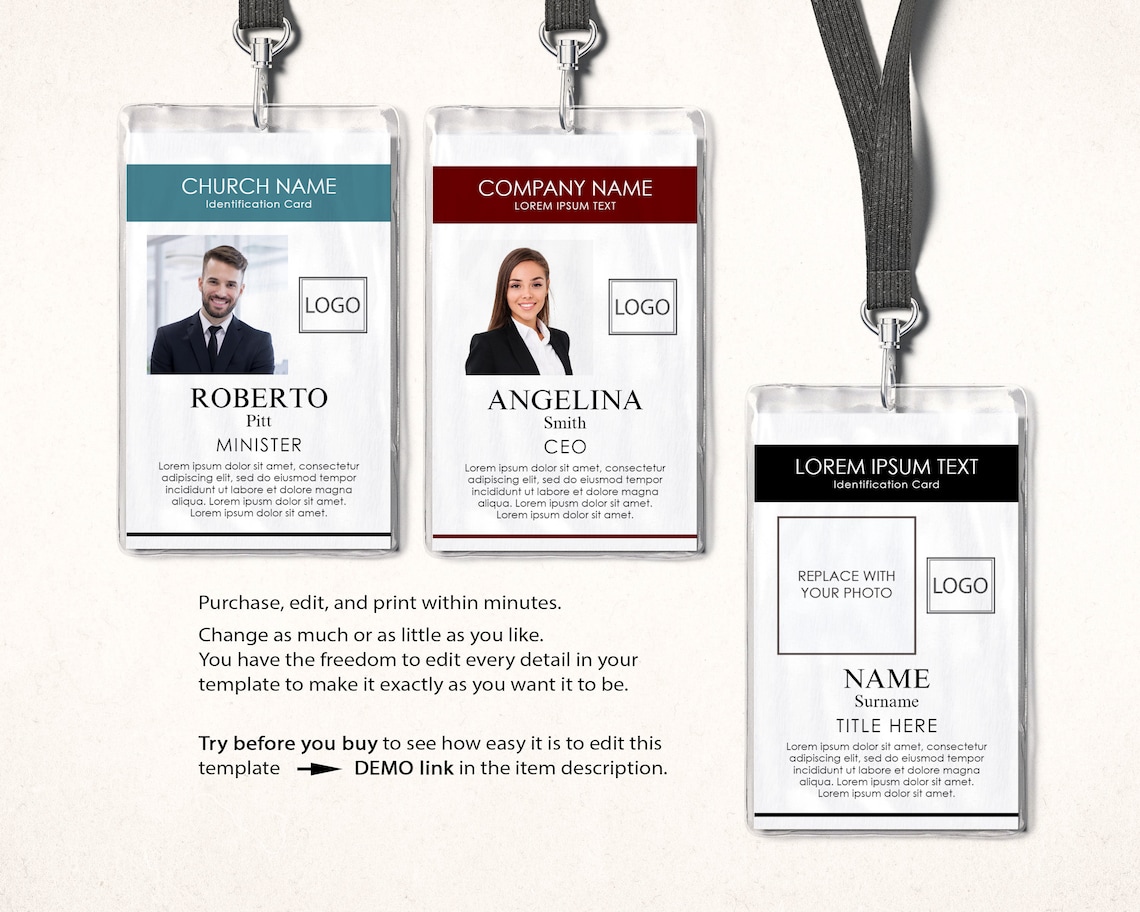Editable Photo ID Card Template Printable ID Badge | Etsy