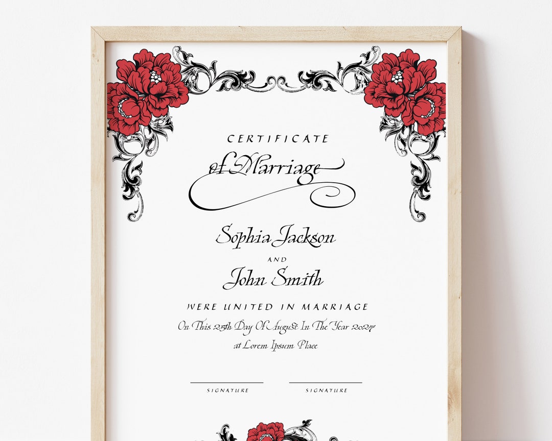 Gothic Wedding Certificate Template, Editable Printable Marriage ...