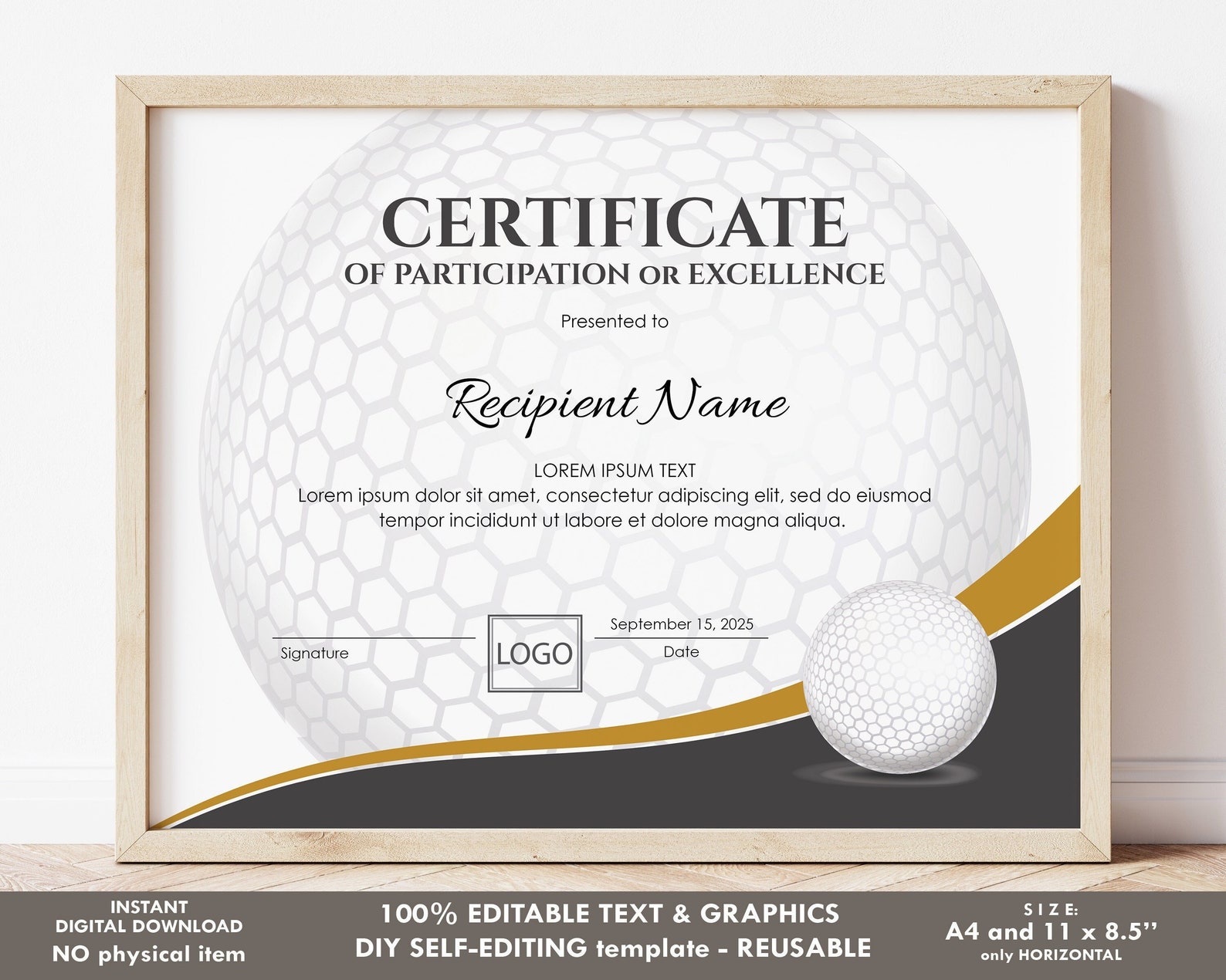 EDITABLE Golf Certificate Template Sports Certificate Award - Etsy