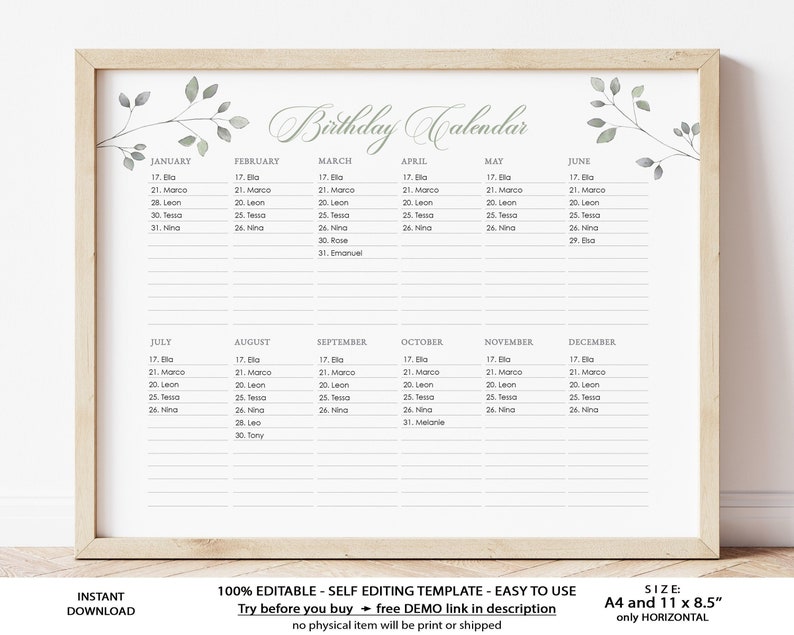 Editable Printable Perpetual Birthday Calendar Minimalist | Etsy