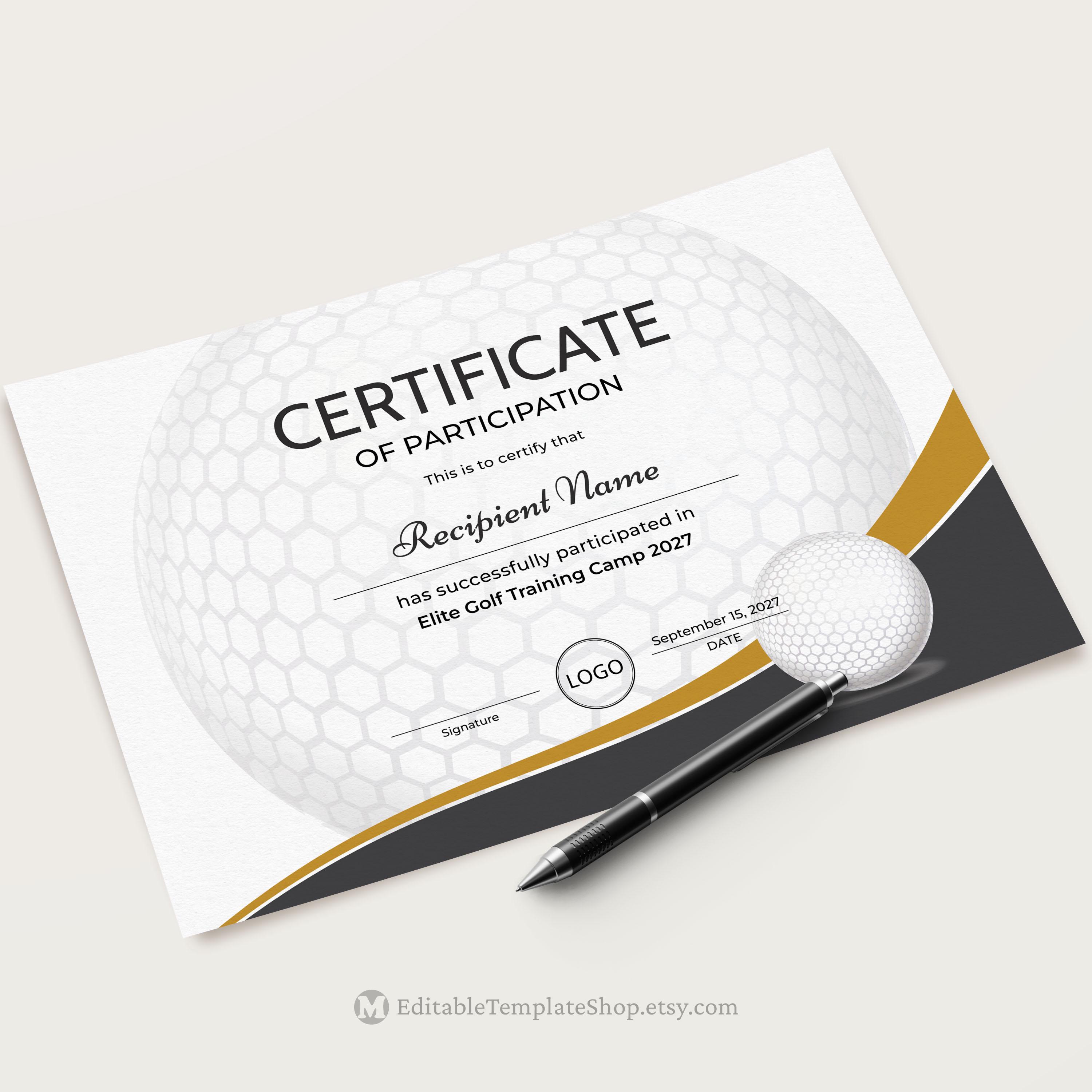 EDITABLE Golf Certificate Template, Sports Certificate Award, Printable ...