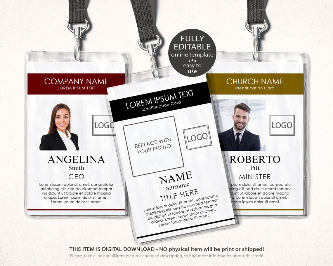 Editable Photo ID Card Template Printable ID Badge | Etsy
