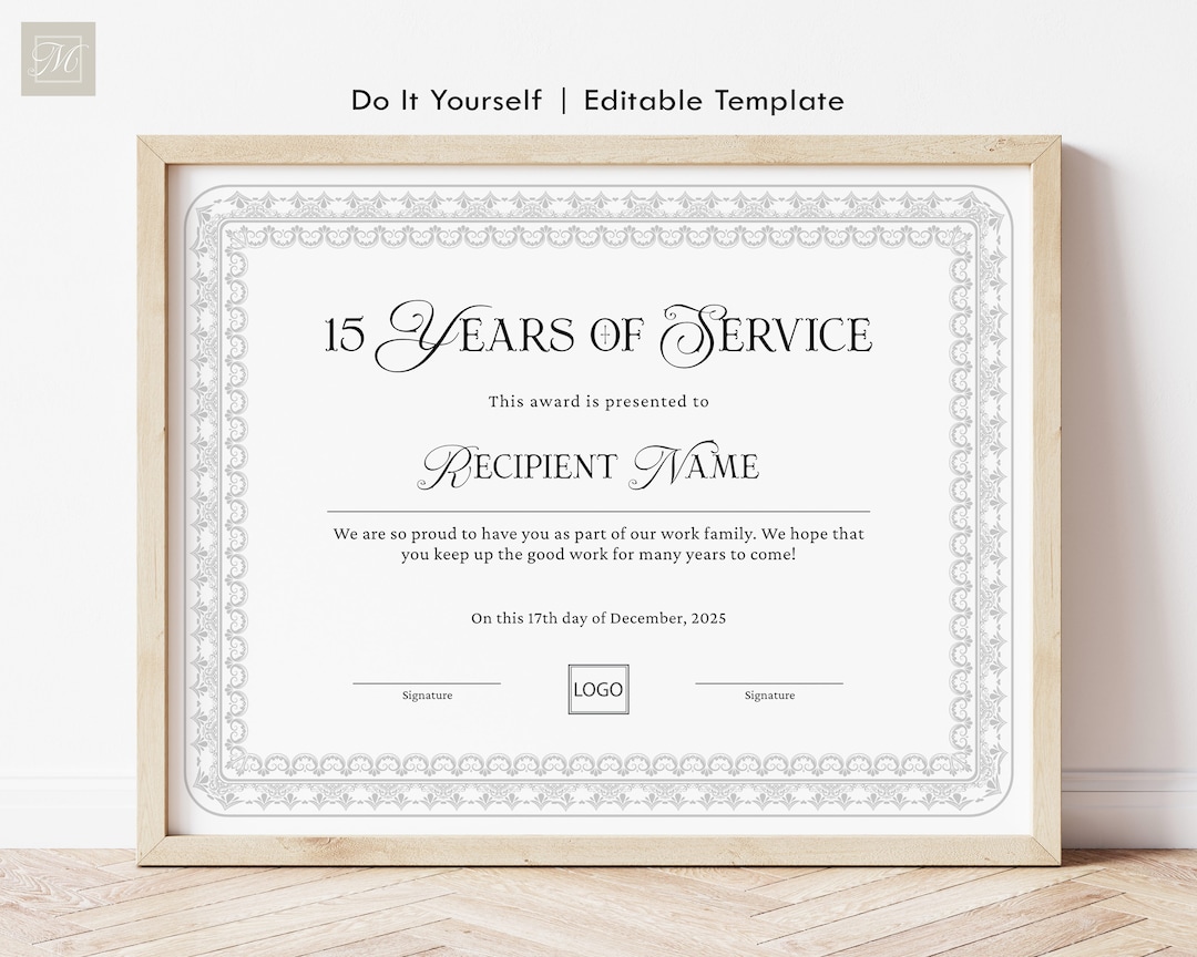 15 Years of Service Anniversary Award Certificate of Appreciation Employee Recognition EDITABLE ...