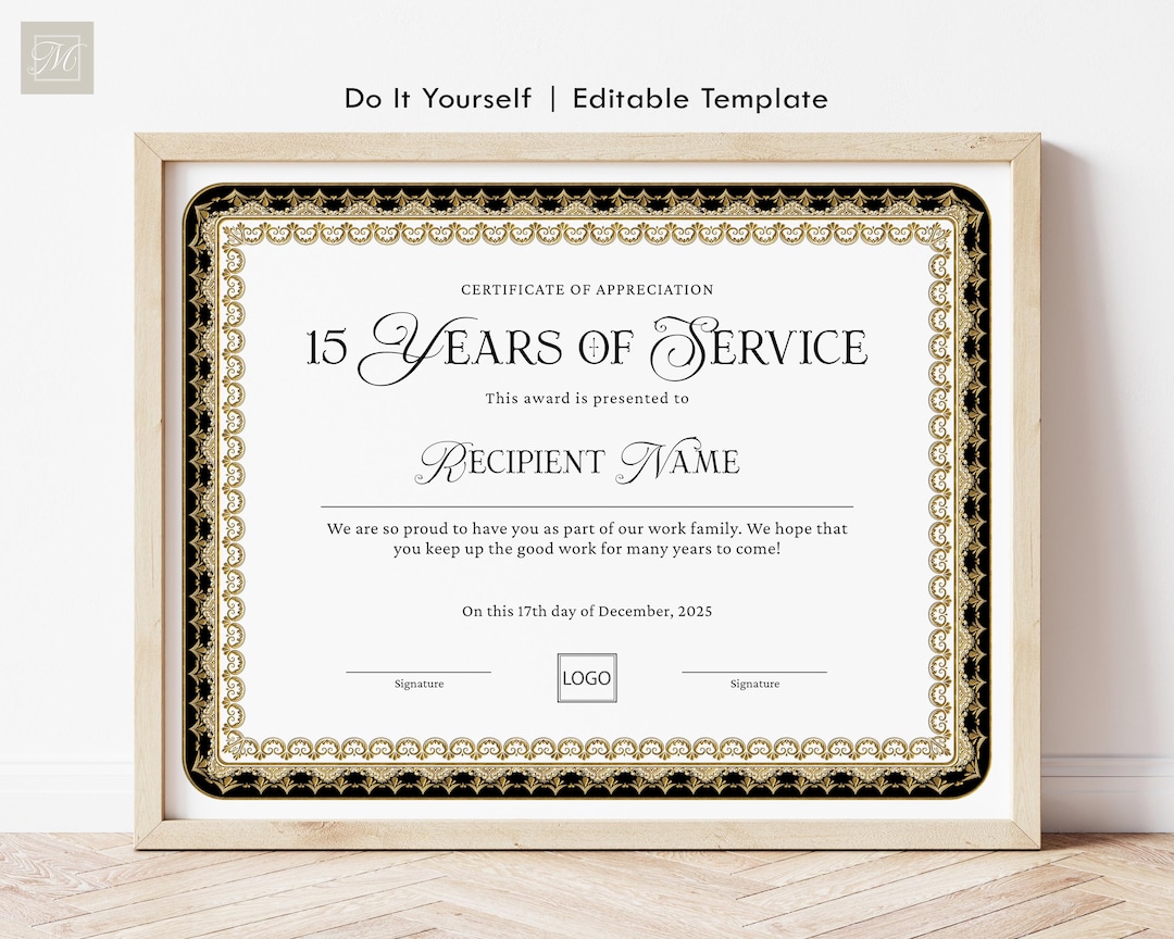 15 Years of Service Anniversary Award Certificate of Appreciation Employee Recognition EDITABLE ...