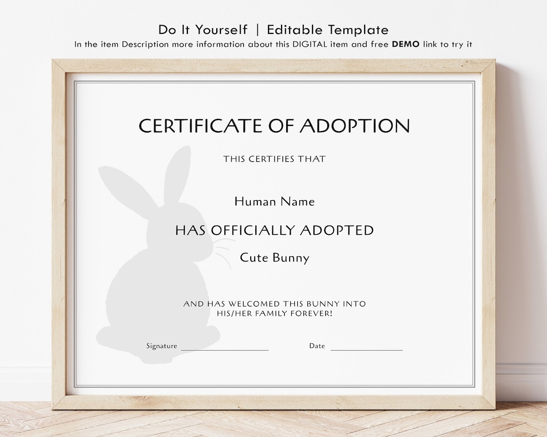 EDITABLE Bunny Adoption Owner's Certificate Template, Rabbit Owner's ...