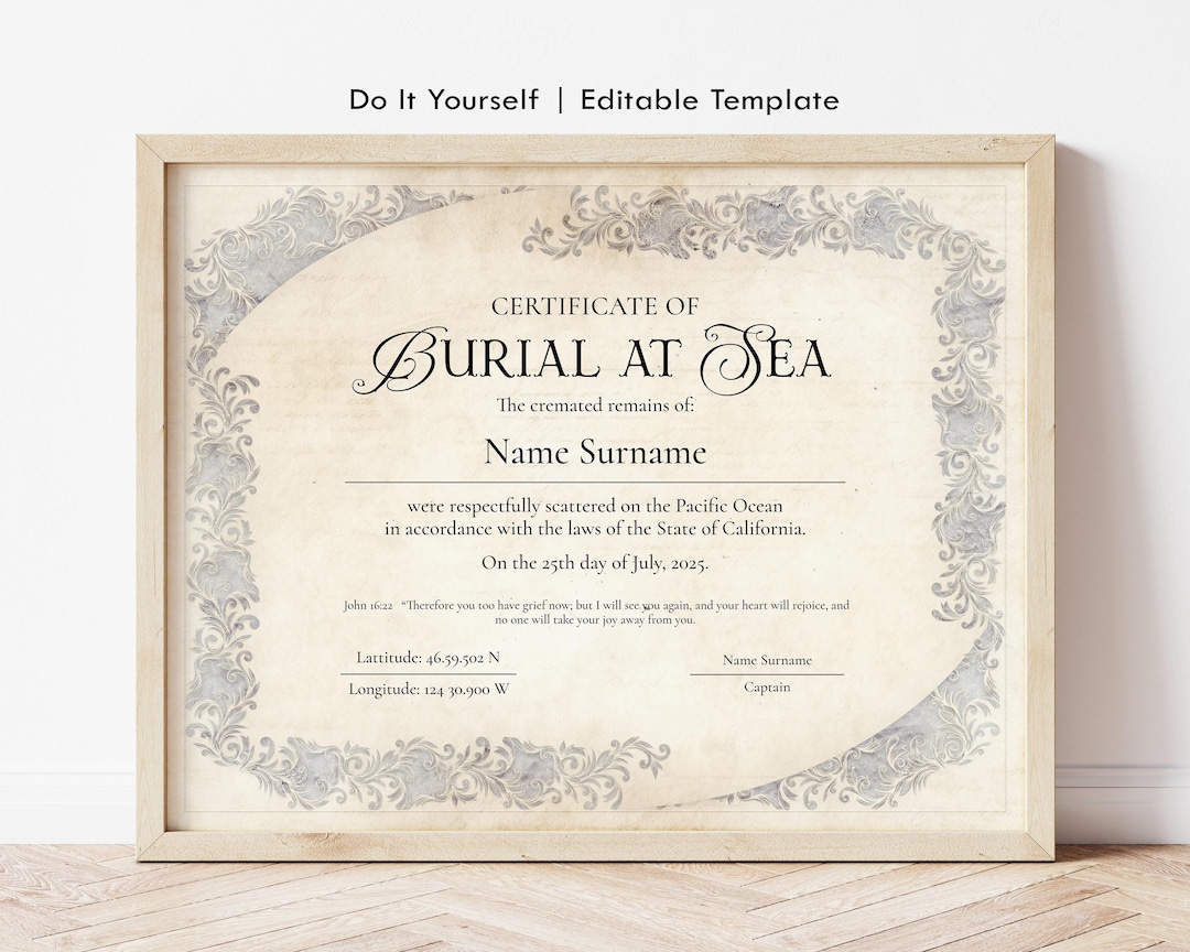 Certificate of Burial at Sea Sea Scattering Ashes Memorial - Etsy