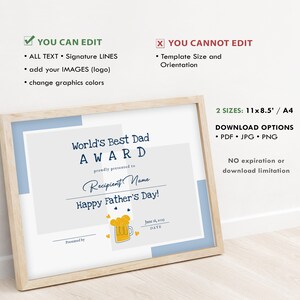 Father's Day Personalized Gift for Dad World's Best Dad Award ...