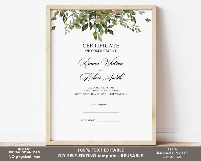 Certificate of Commitment Editable Commitment Wedding - Etsy