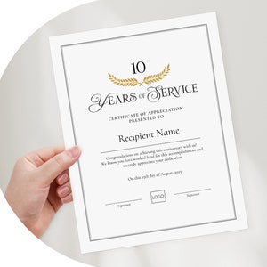 10 Years of Service Anniversary Award Certificate of Appreciation ...