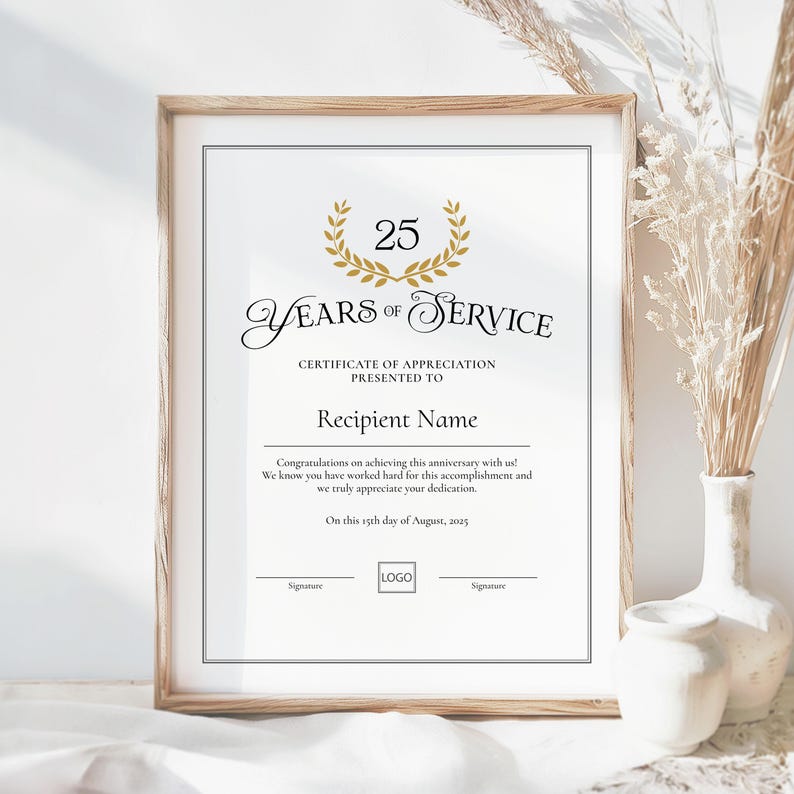 25 Years of Service Anniversary Award Certificate of Appreciation ...