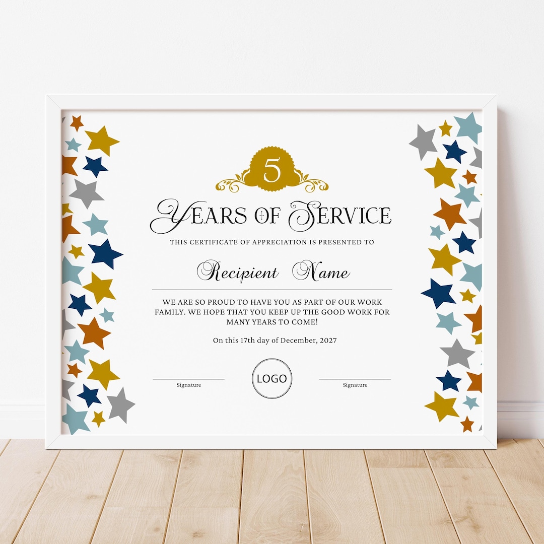 5 Years of Service Anniversary Award Certificate of Appreciation ...