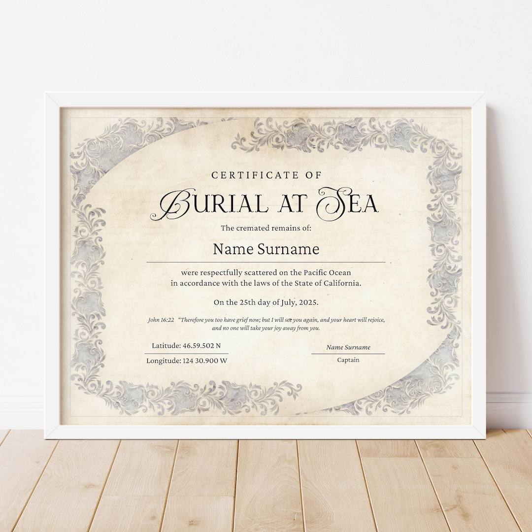 Certificate of Burial at Sea, Sea Scattering Ashes, Memorial Ashes at ...