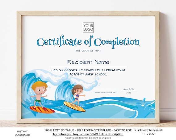 EDITABLE Surf Certificate Template Surf School Award - Etsy UK