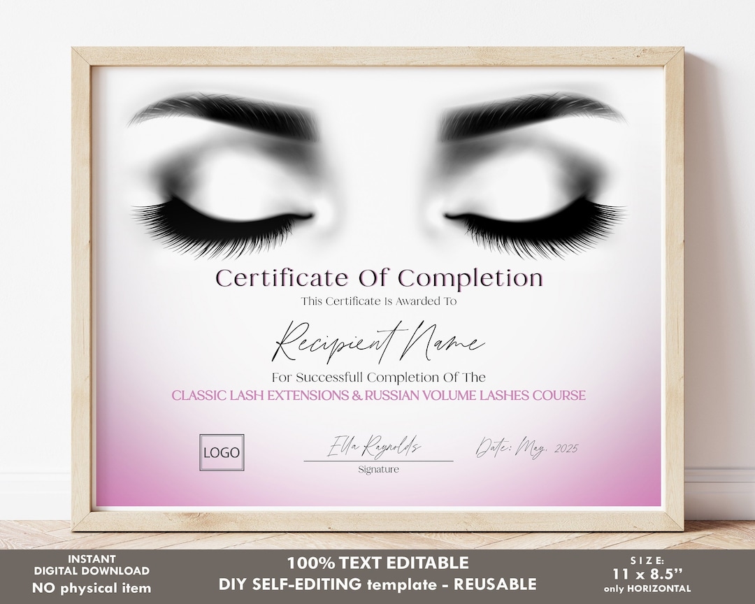 Eyelash Extension Certificate of Completion EDITABLE - Etsy