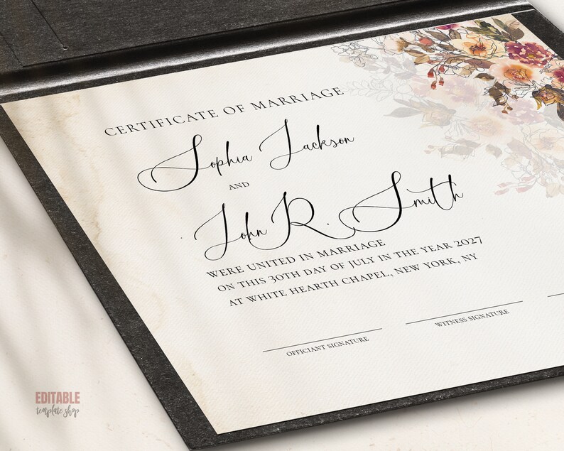 Boho Floral Marriage Certificate Template Watercolor - Etsy