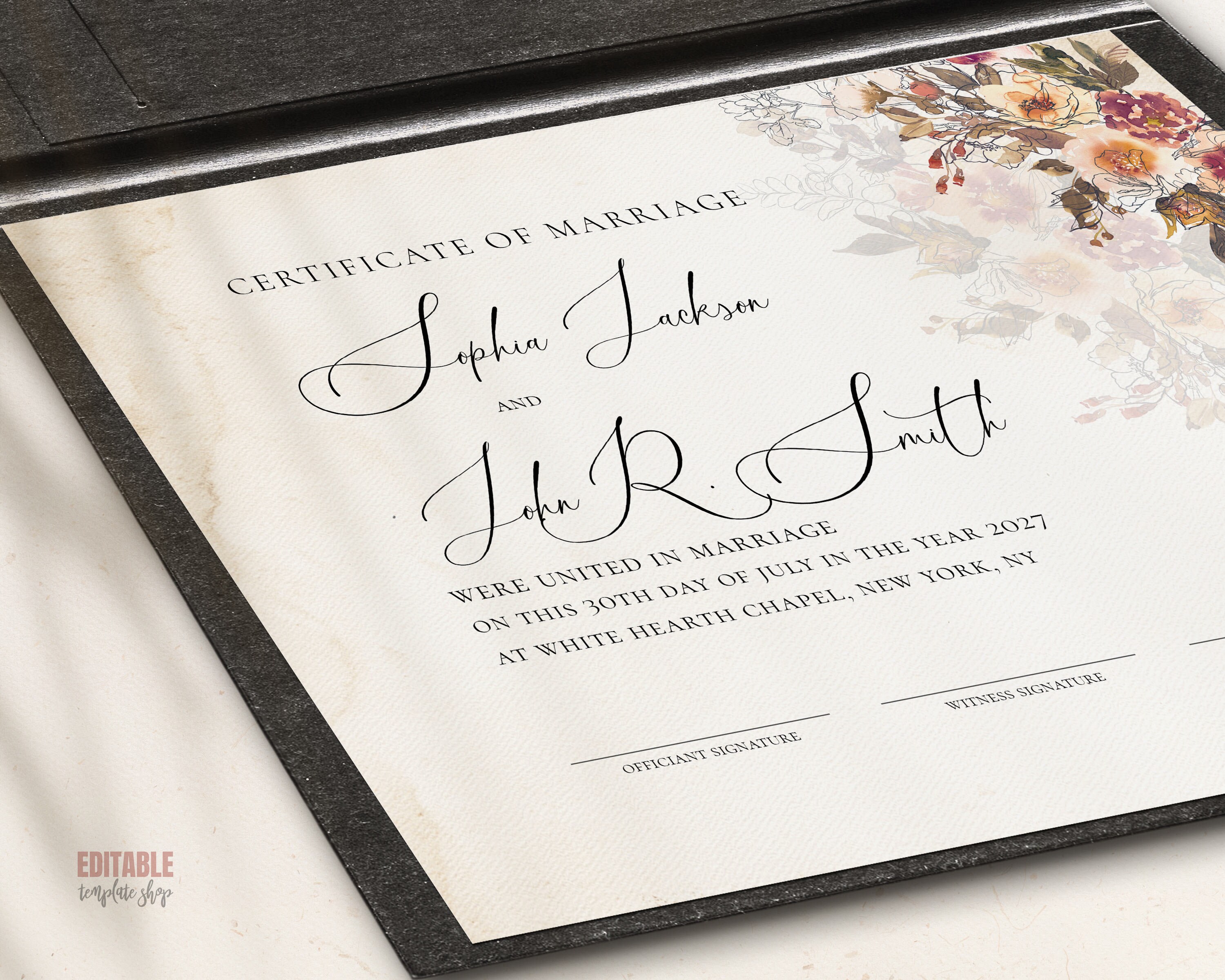 Boho Floral Marriage Certificate Template Watercolor - Etsy