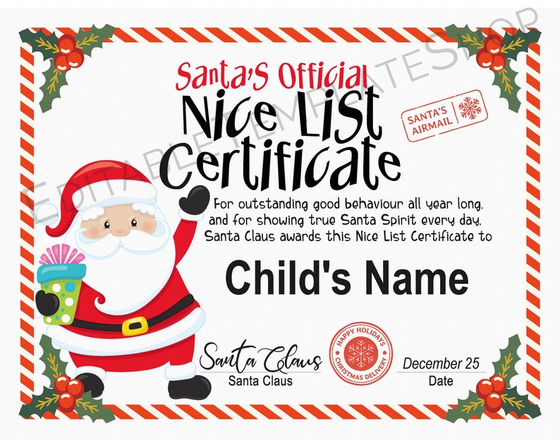 Santa's Nice List Editable Certificate Template | Etsy