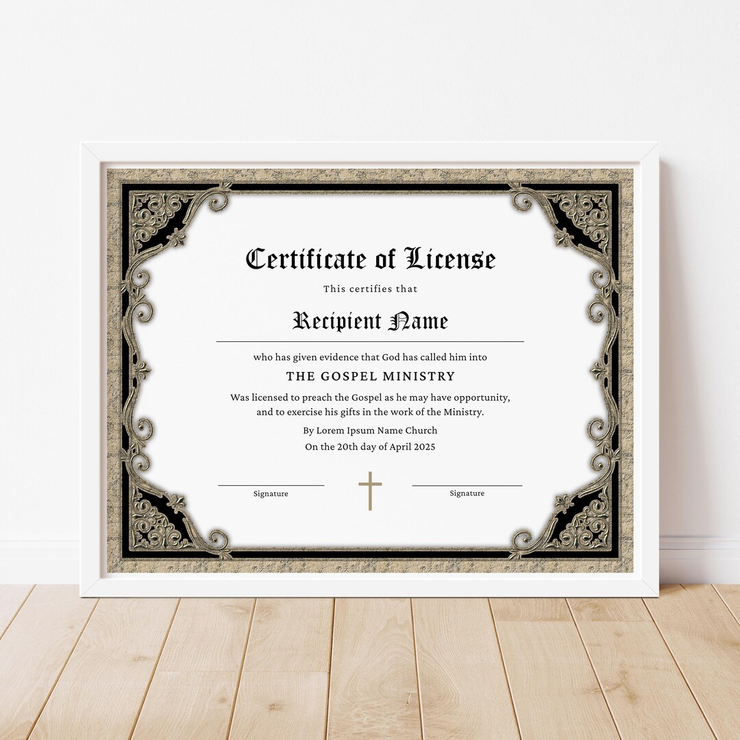 Editable License to Preach Certificate Template, Printable Certificate ...