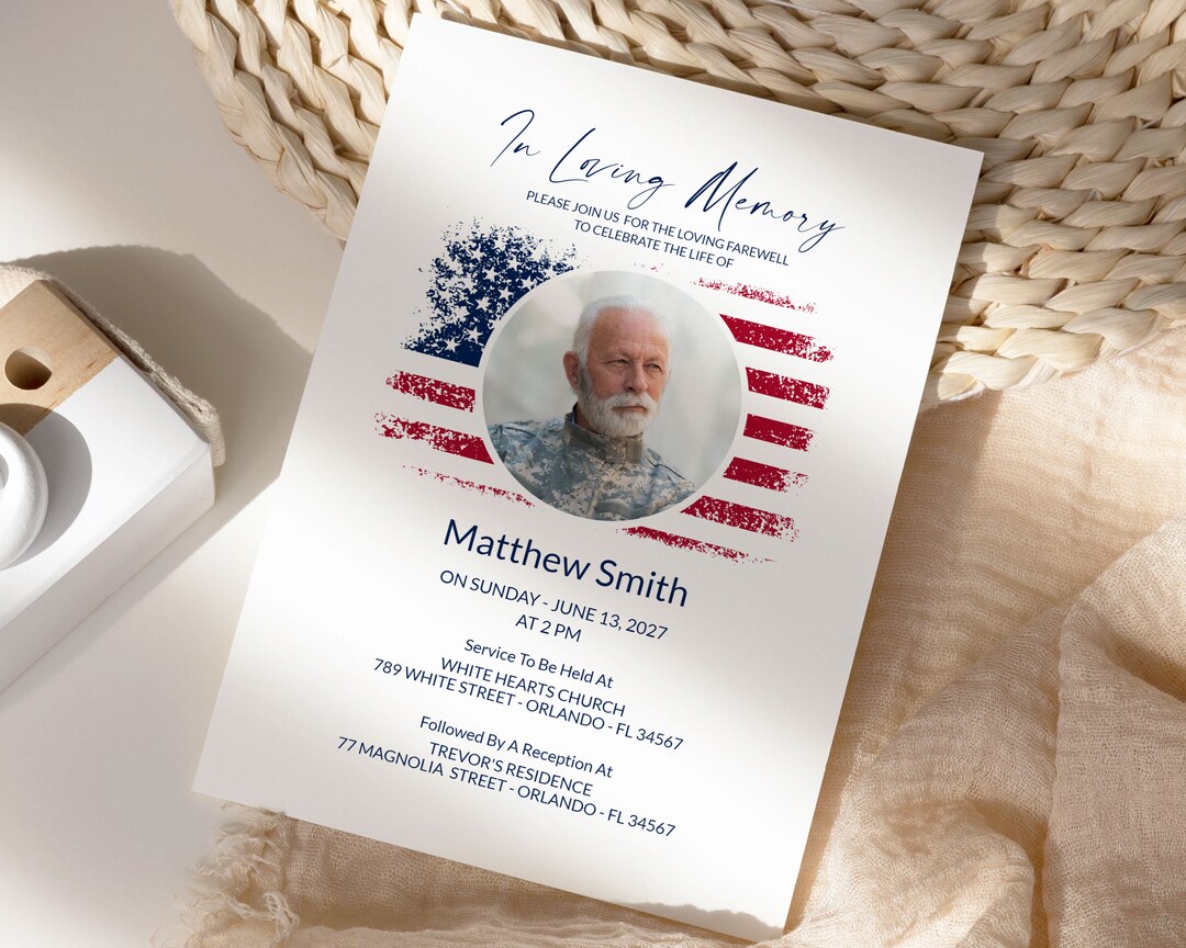 Veteran Funeral Announcement, Celebration of Life Invitation, American ...