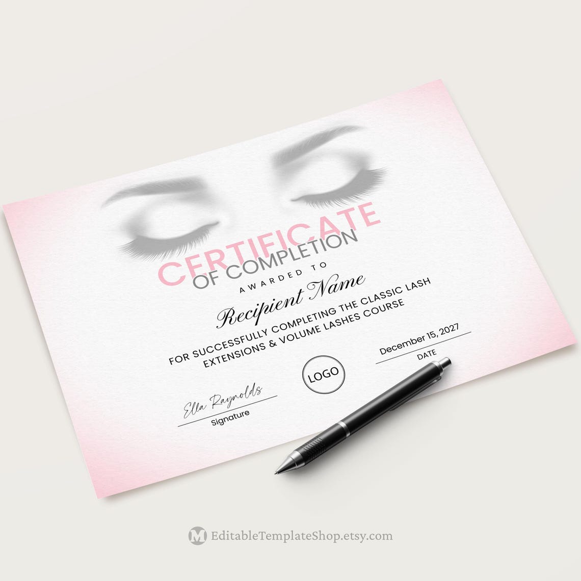 Certificate of Completion Eyelash Extension EDITABLE Printable Lashes ...