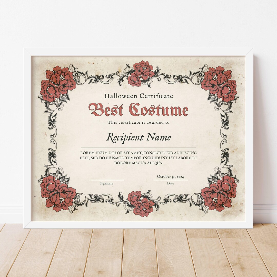 Editable Gothic Halloween Best Costume Award Certificate Template ...