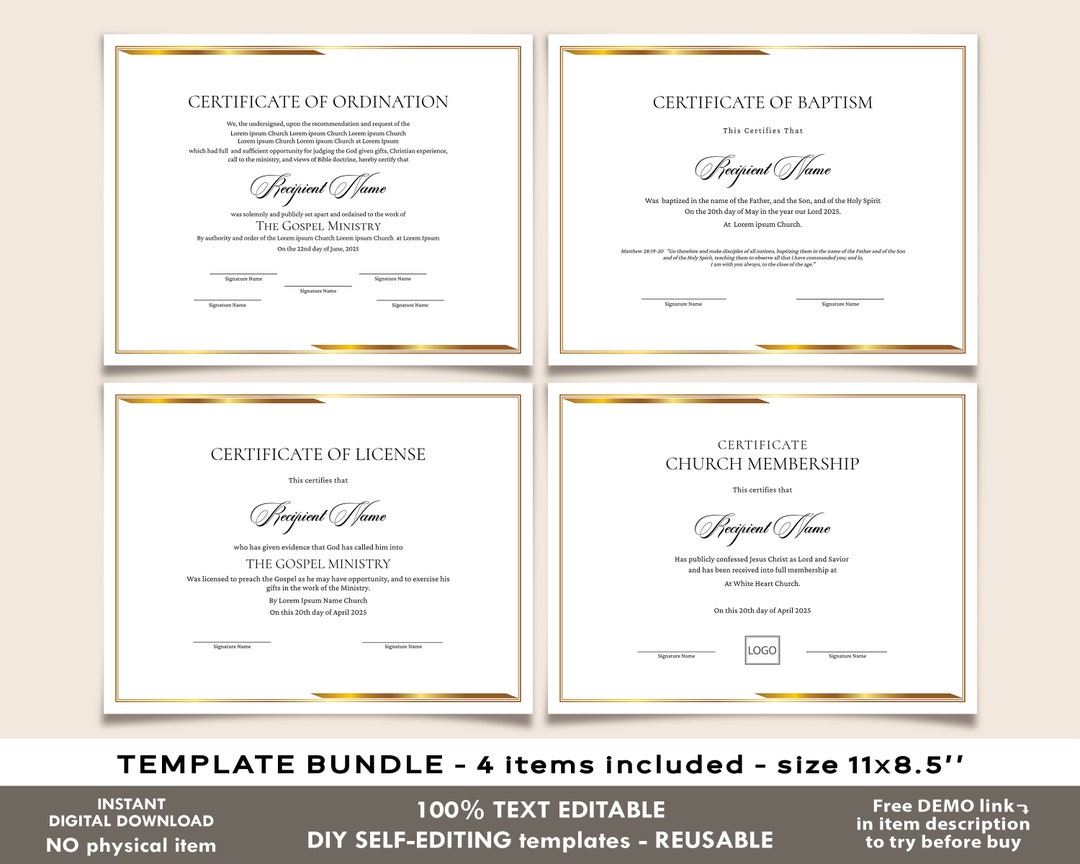 Editable Church Certificates Ordination License Baptism Church ...