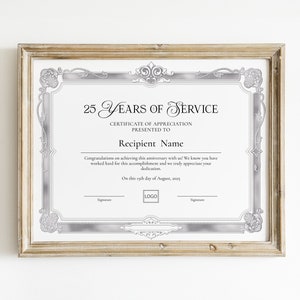 25 Years of Service Recognition Award Certificate of Appreciation ...