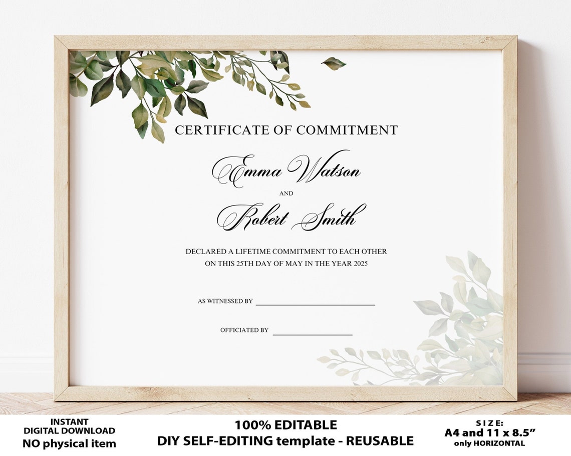 Modern Commitment Certificate Template Editable Printable - Etsy