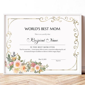 Editable Best Mom Certificate Template Mother's Day Certificate Best ...