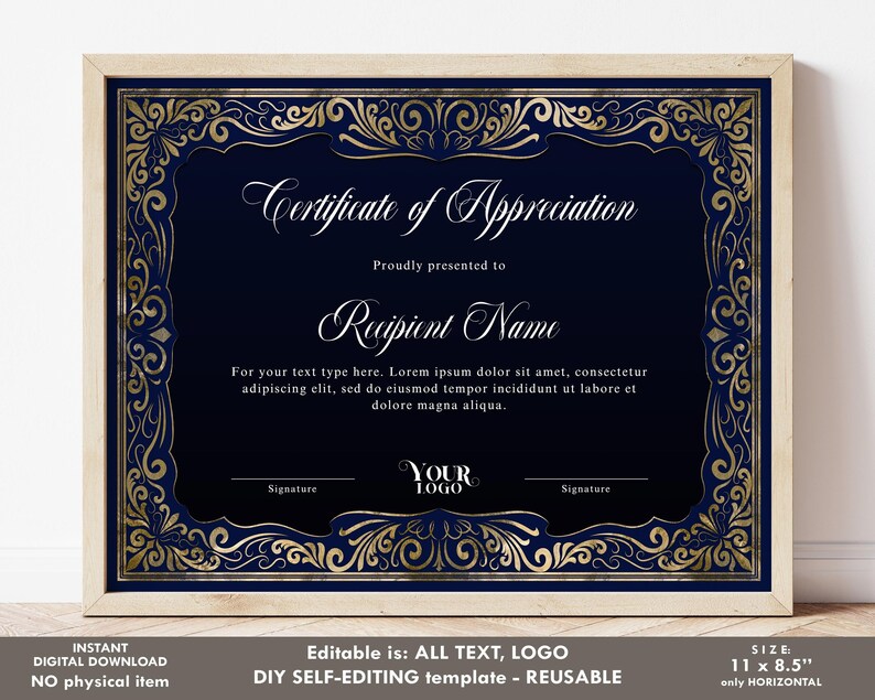 Appreciation Certificate Template Editable Printable Royal - Etsy