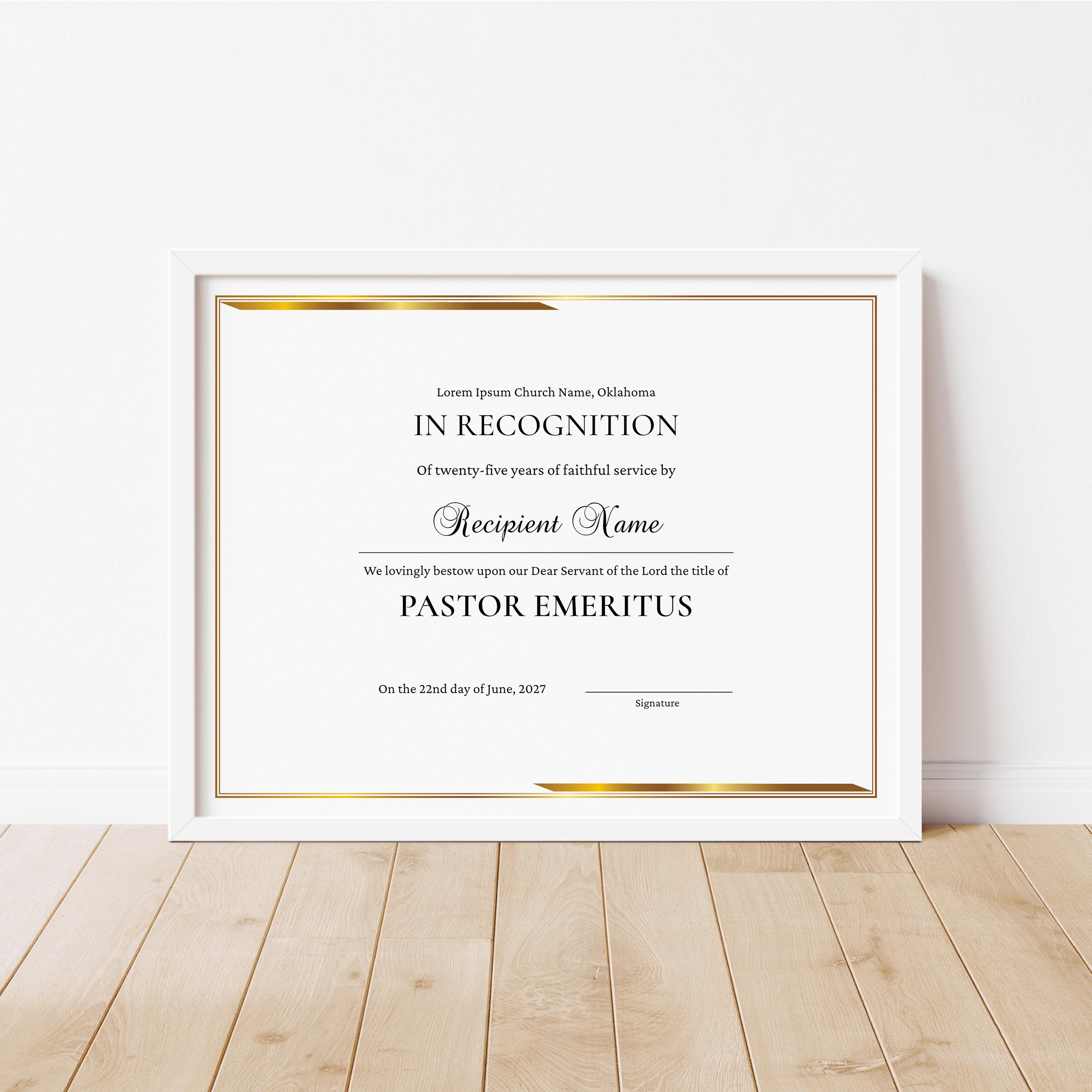Pastor Emeritus Church Recognition Certificate Template, Church Award ...
