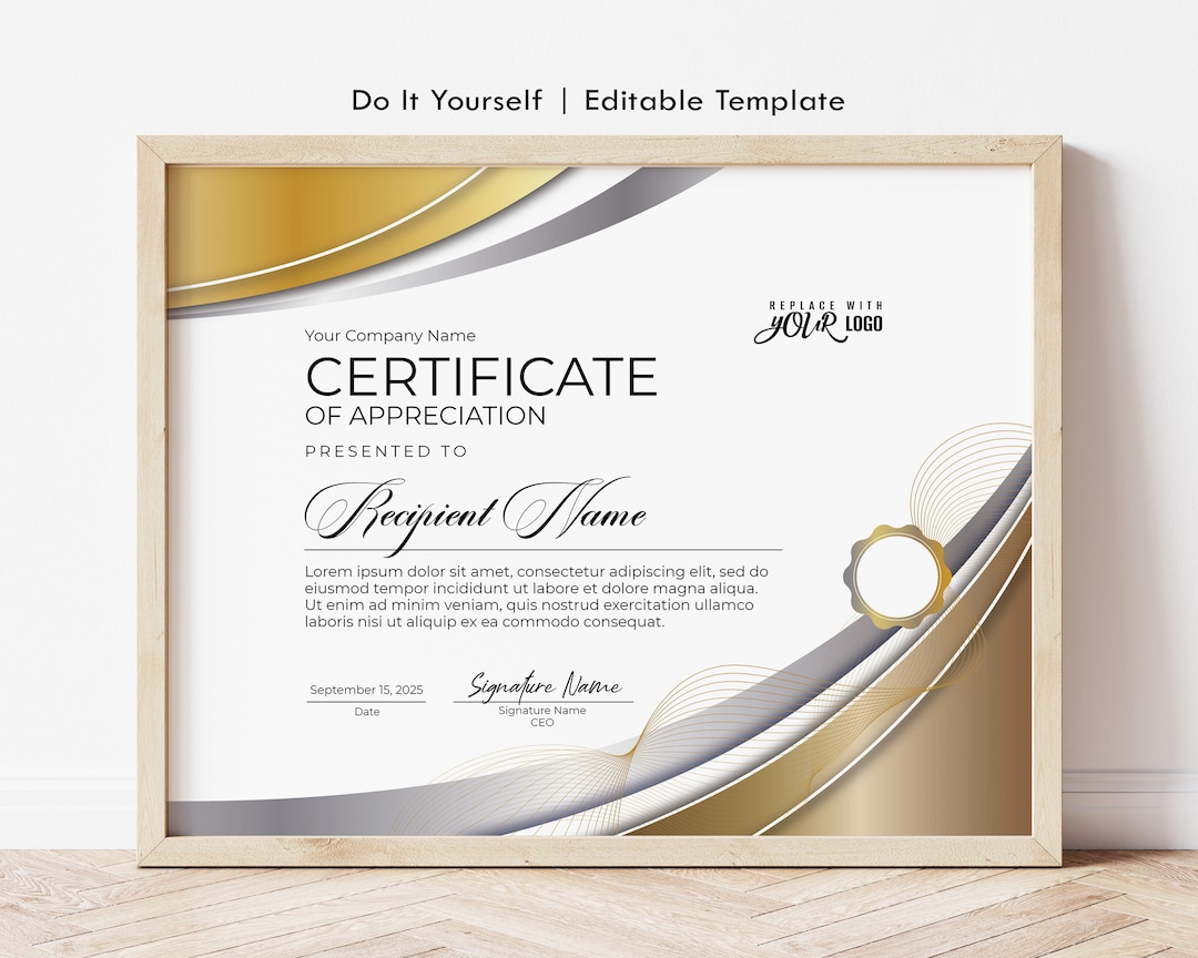Gold Silver Bronze Certificate of Appreciation, Editable Printable ...