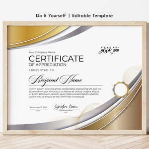 Gold Silver Bronze Certificate of Appreciation, Editable Printable ...