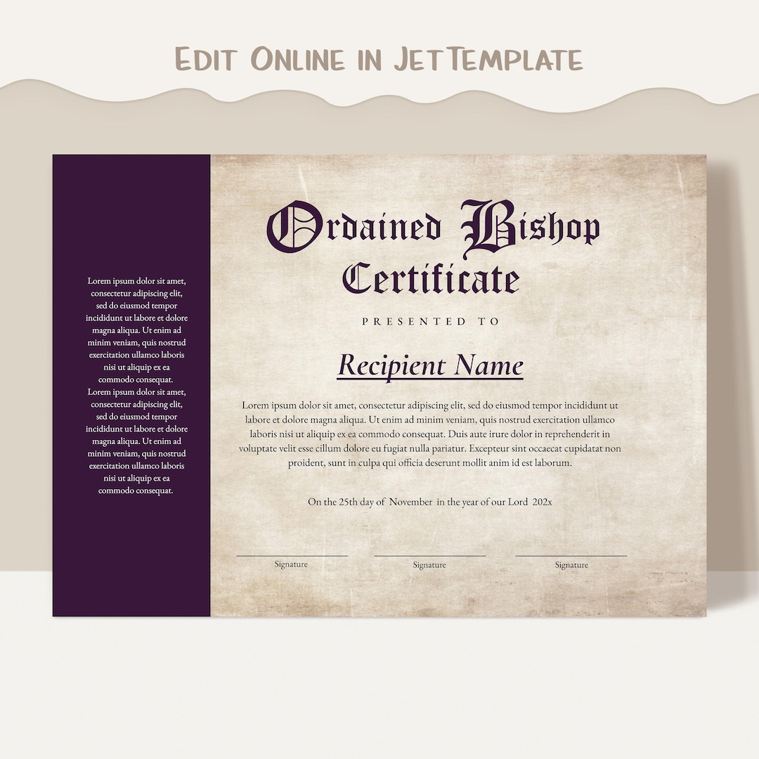 Editable Ordained Bishop Certificate Template, Ordination Certificate ...